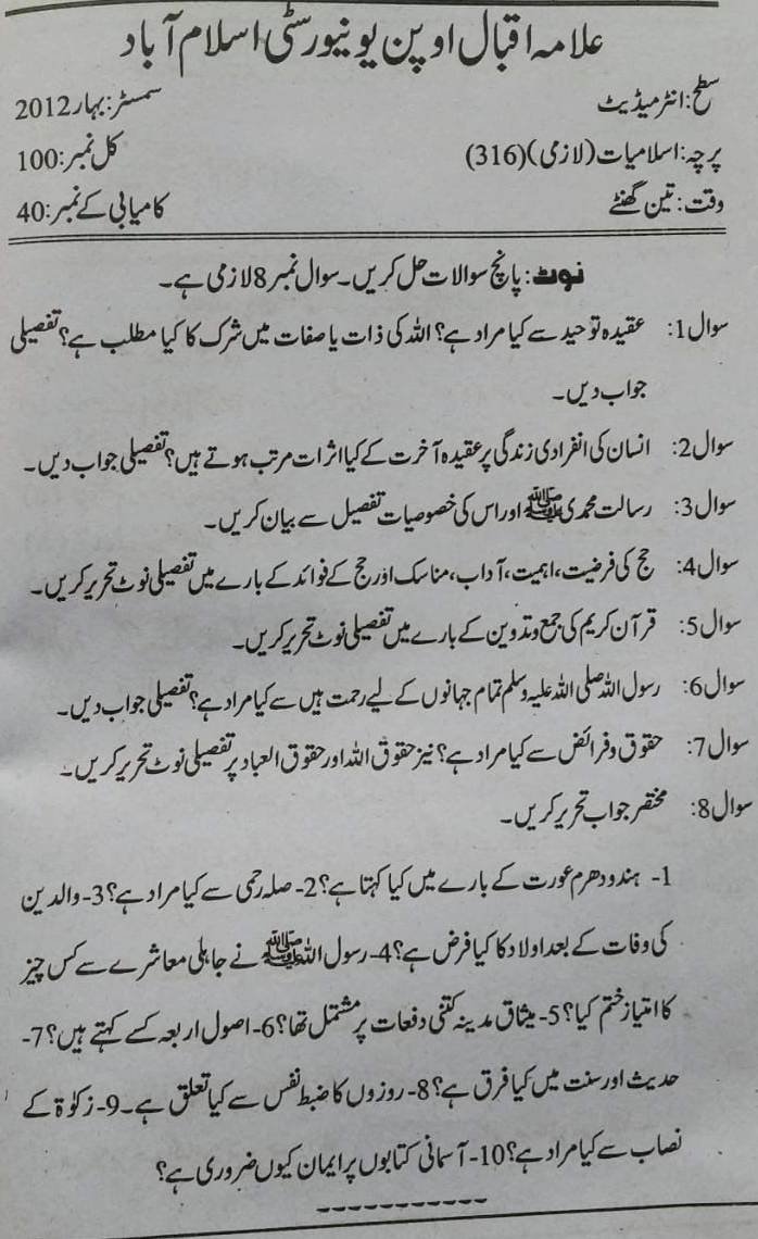 AIOU 316 Past Papers FA Islamiat Compulsory for Intermediate