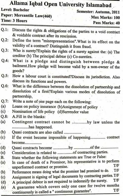 AIOU B.COM Code 460 Mercantile Law Past Papers Allama Iqbal