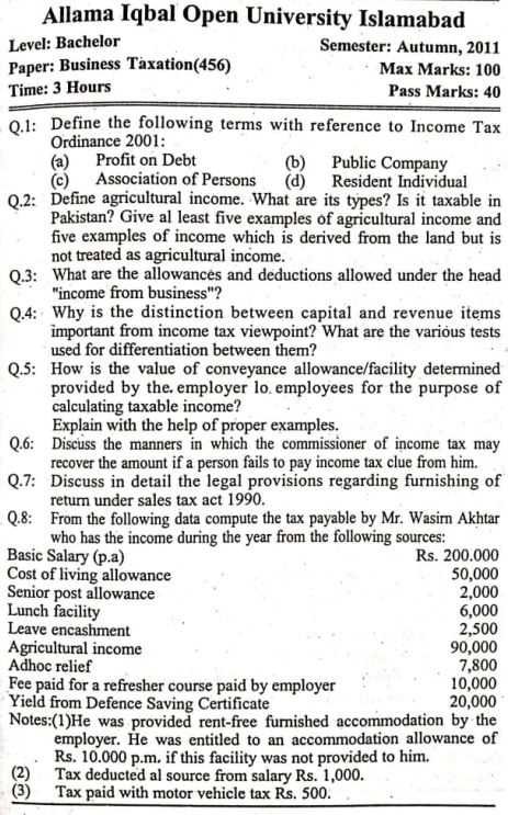 AIOU B.COM Code 456 Business Taxation Past Papers Download
