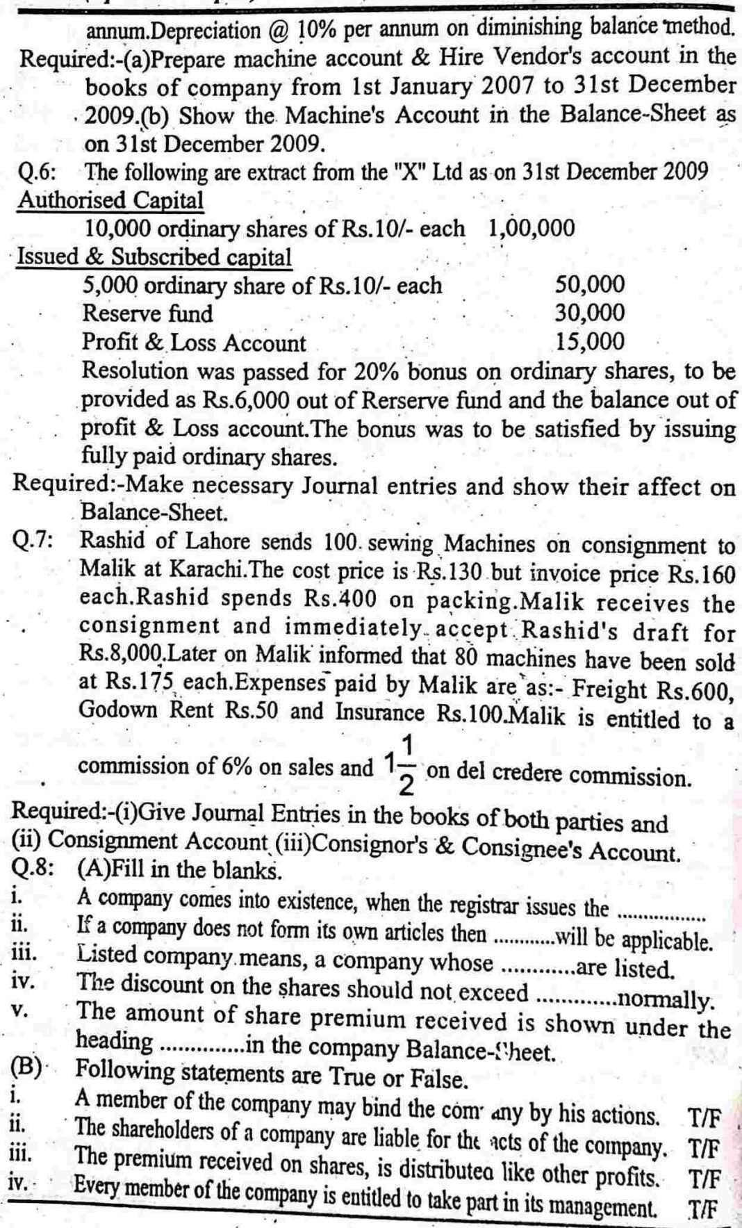 AIOU BA/B.COM Code 444 Advanced Accounting Past Papers