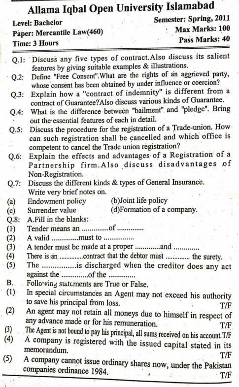 AIOU B.COM Code 460 Mercantile Law Past Papers Allama Iqbal