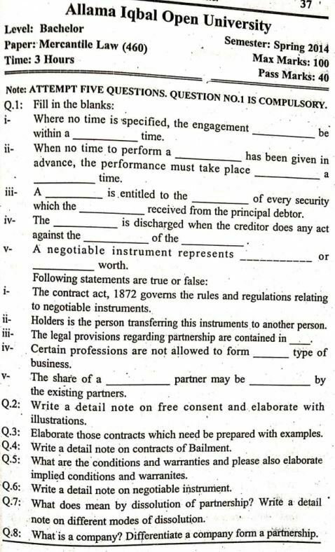 AIOU B.COM Code 460 Mercantile Law Past Papers Allama Iqbal