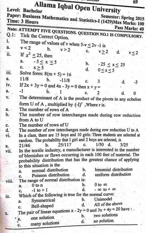 AIOU Code 1429 Past Papers Business Mathematics Statistics-I