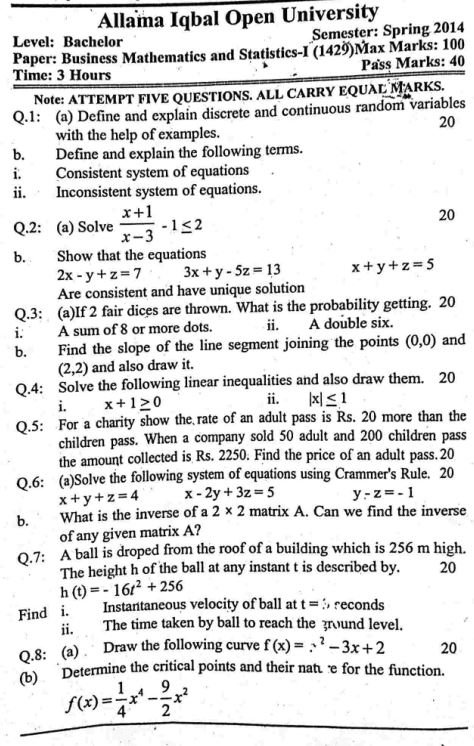 AIOU Code 1429 Past Papers Business Mathematics Statistics-I