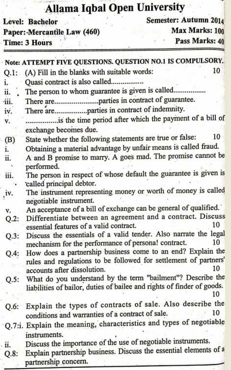 AIOU B.COM Code 460 Mercantile Law Past Papers Allama Iqbal