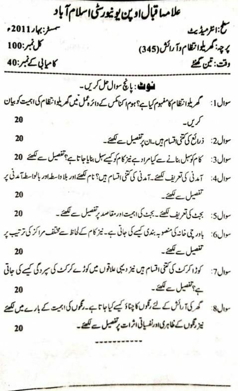 AIOU Code 345 Past Paper Home Management and Furnishing