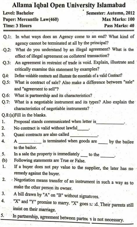 AIOU B.COM Code 460 Mercantile Law Past Papers Allama Iqbal