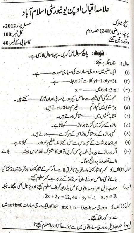 AIOU Matric Code 248 Past Paper Mathematics-II Download