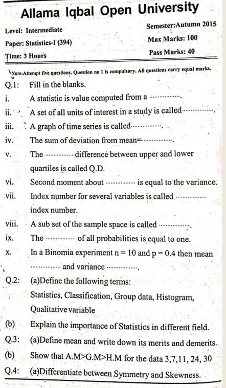 AIOU FA Statistics-I 394 Code Past Paper FSC ICS I.COM D.COM