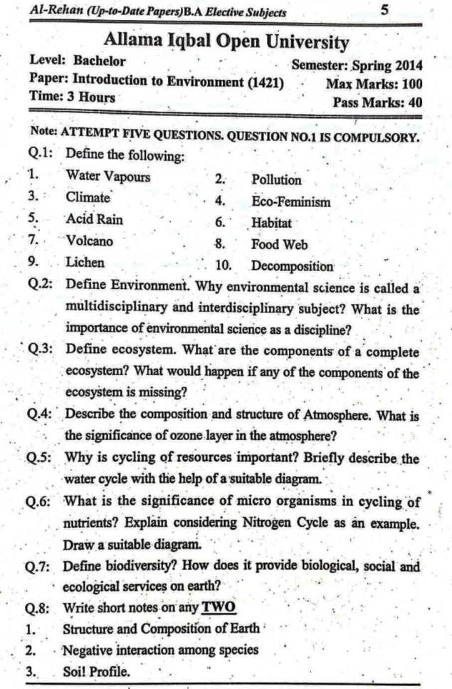 AIOU BA Code 1421 Guess Papers Introduction to Environment